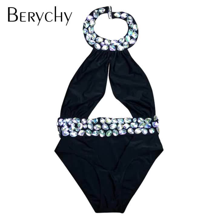 High Quality Rhinestone Crystal One Piece Swimsuit High Cut Women ...