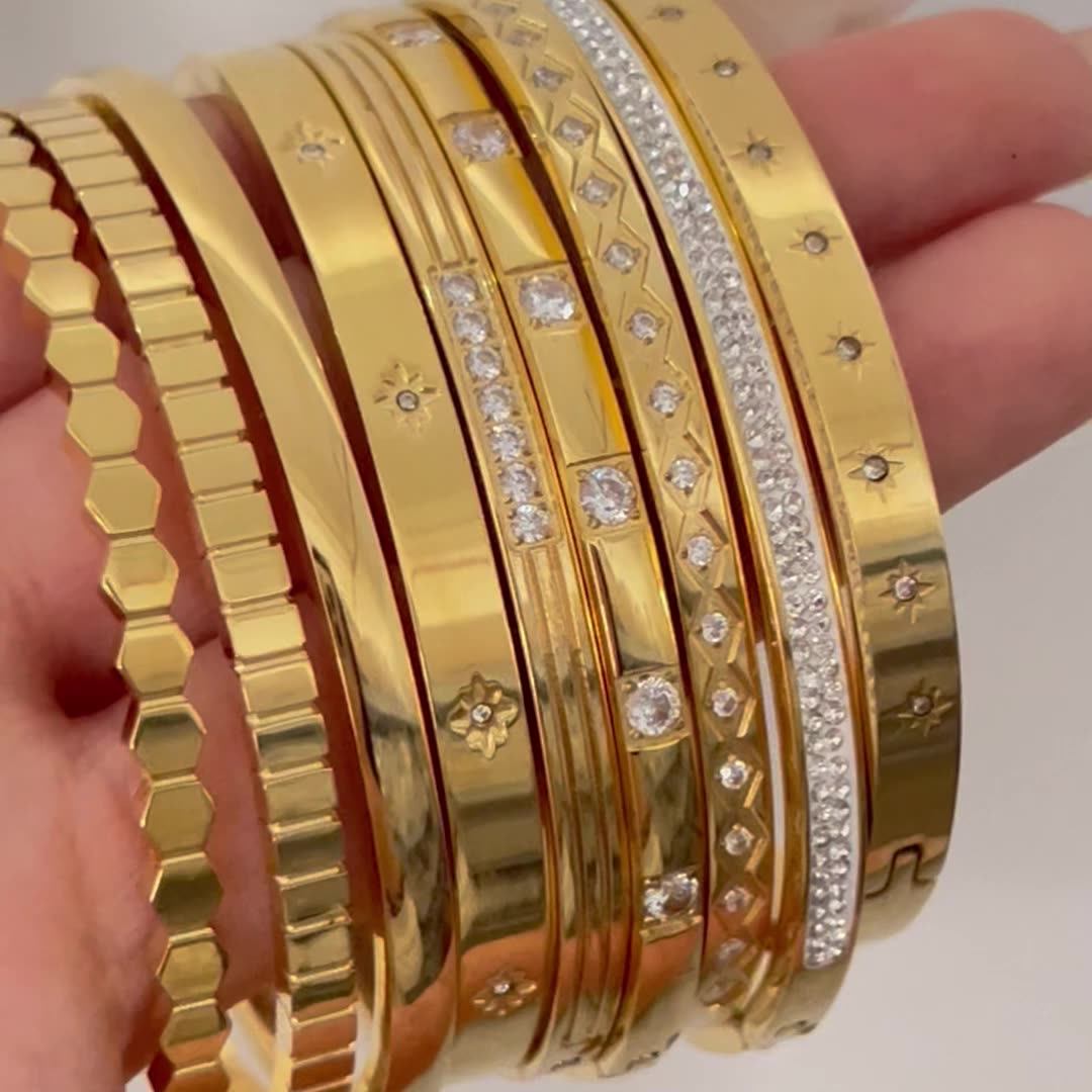 Trending Gold Plated North Star Cz Inlaid Cuff Bangle Set Tarnish Free ...