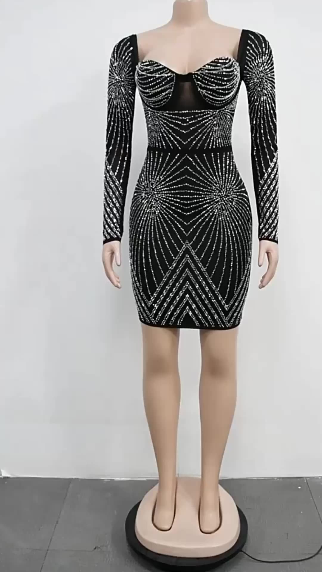 Sexy See Through Square Collar Rhinestone Hip Wrapped Evening Dress ...