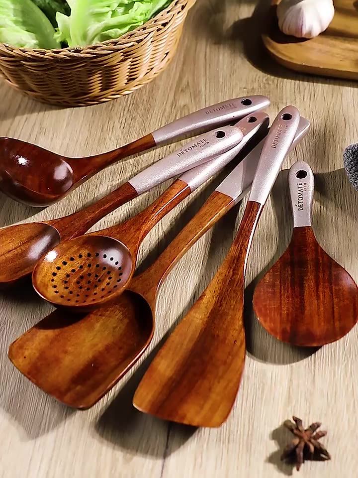 Wooden Spoons For Cooking,5 Pcs Wooden Natural Teak Wood Spatulas Spoon ...