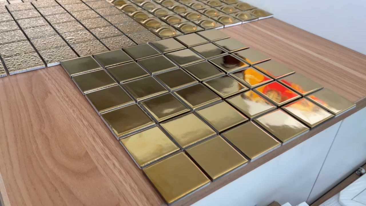 Square Glitter Metallic Golden Select Mosaic Wall Tile With Dots ...