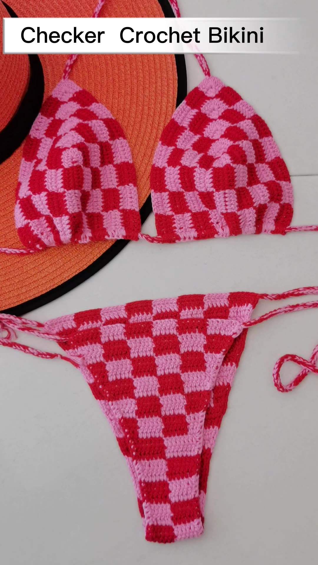 Red Pink Checkerboard Bikini Handmade Crochet Billie Eilish Top