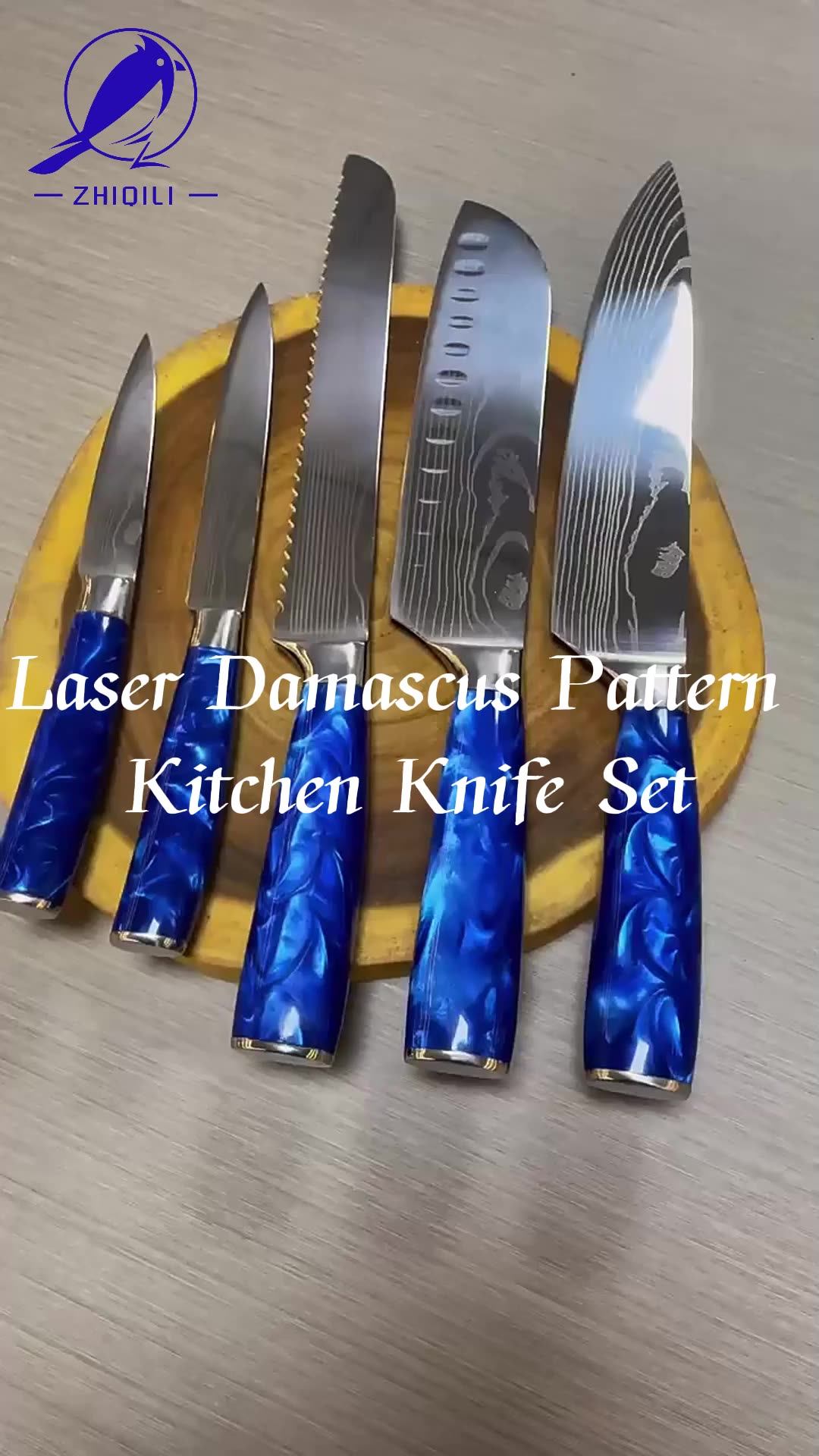 Custom Logo 10 Piece Premium Japanese Chef Knife With Blue Resin Handle And Laser Damascus ...