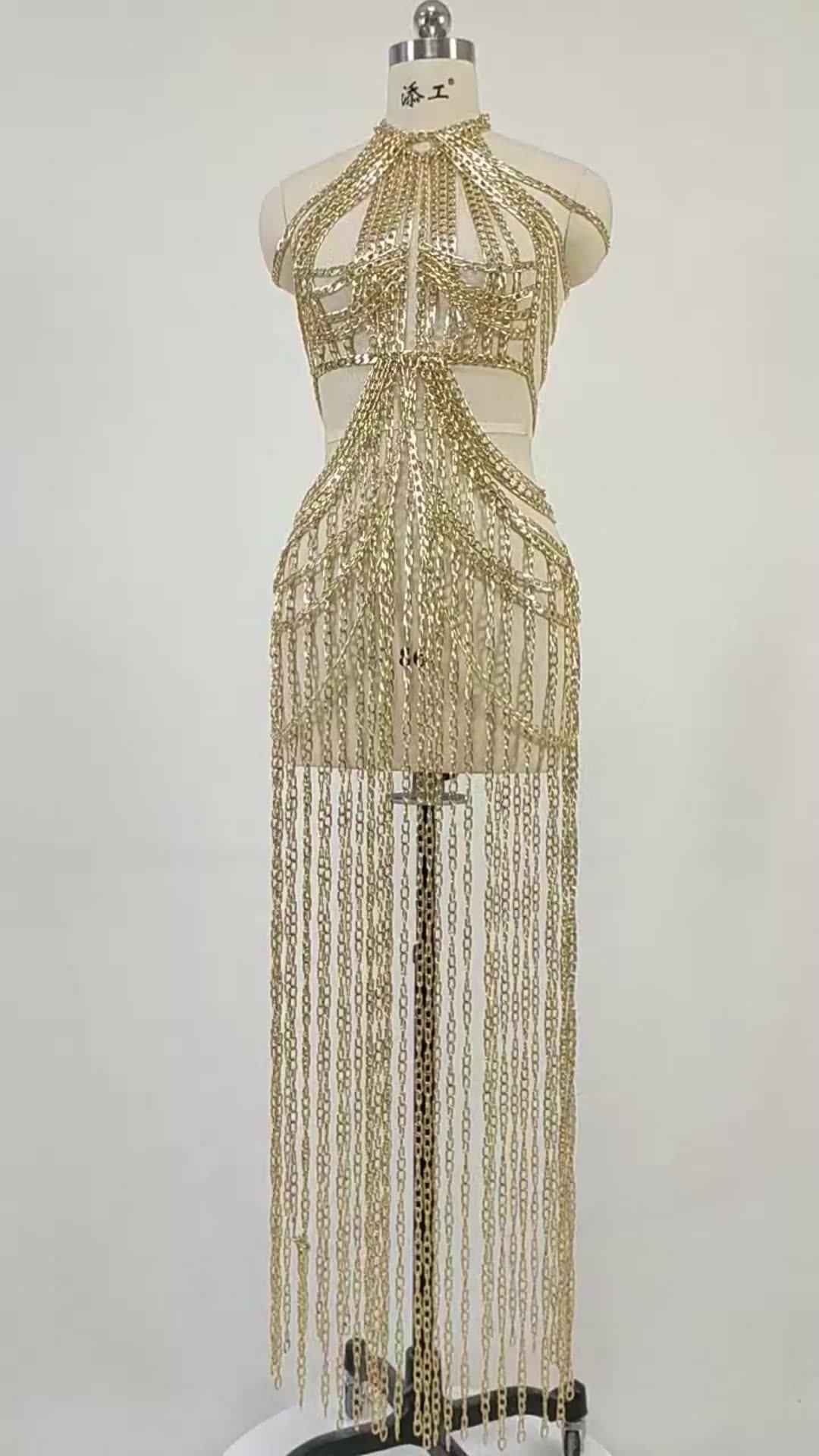 Amigogarment A5879 Sexy Design Chain See Through Stage Dress Hollow Out ...