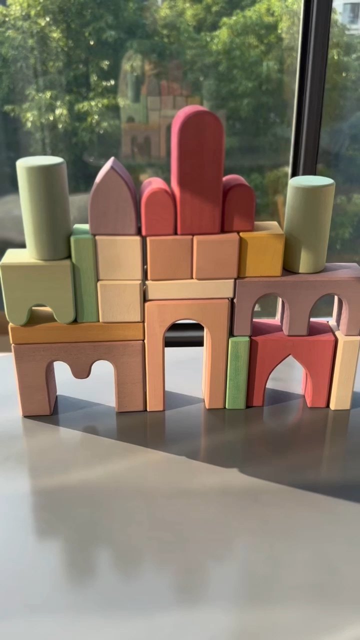 Wooden Building Blocks Set Stacking Castle Toys Handmade Pink Lime Wood ...