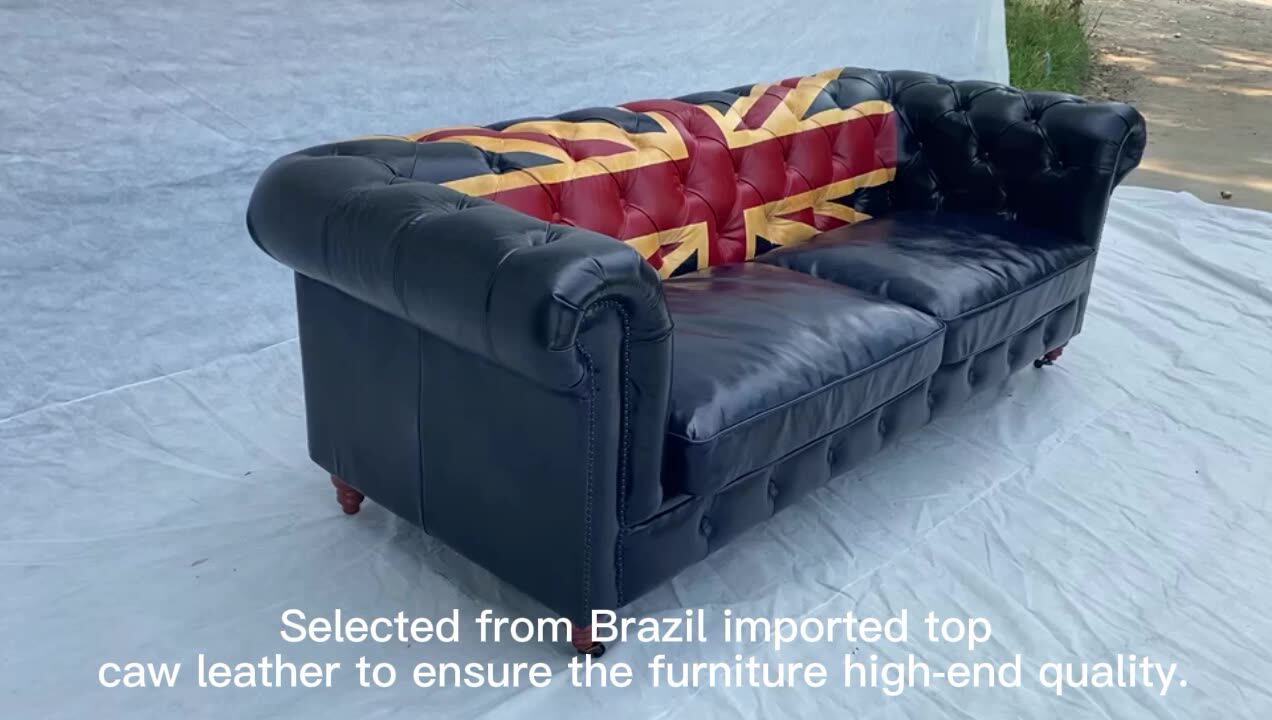 Living Room Vintage Tufted Genuine Leather Union Jack Flag Sofa Antique ...