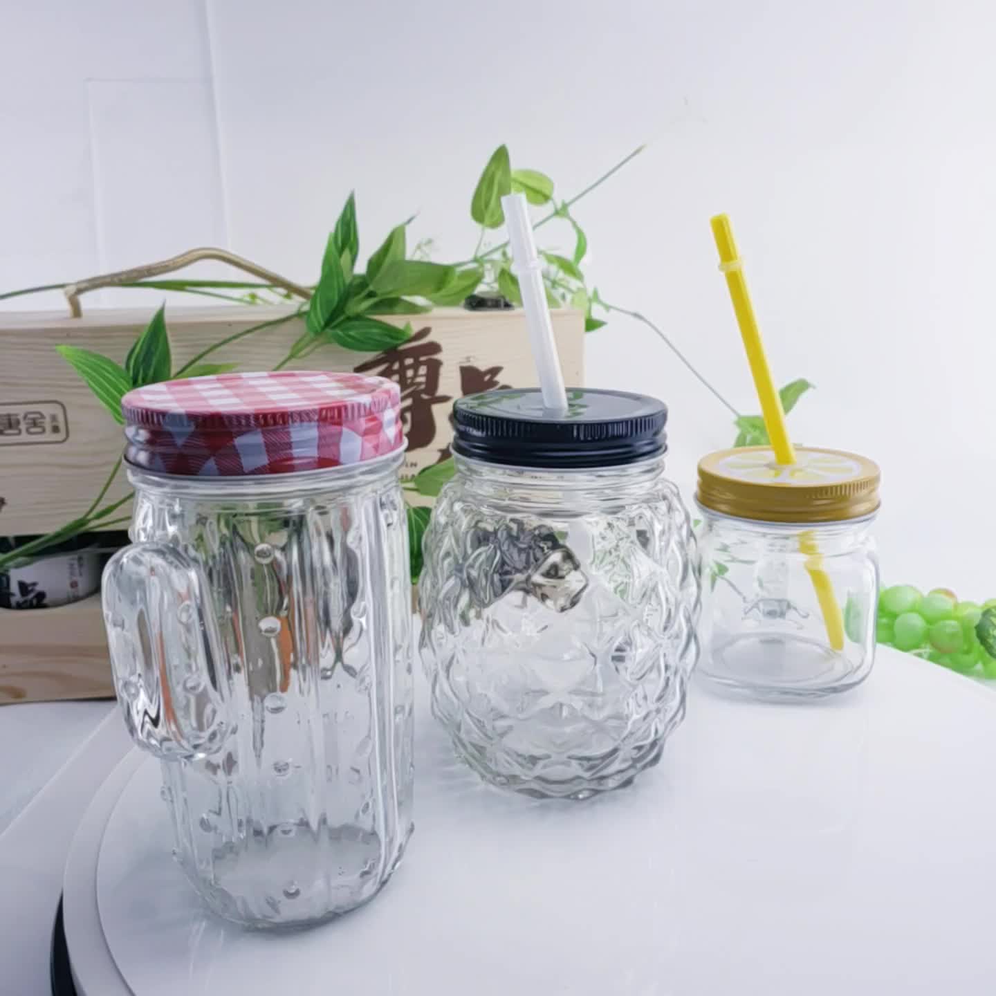 Pineapple Shaped Glass Mason Jar Handle Cup 500ml Drinking Glass Bottle ...
