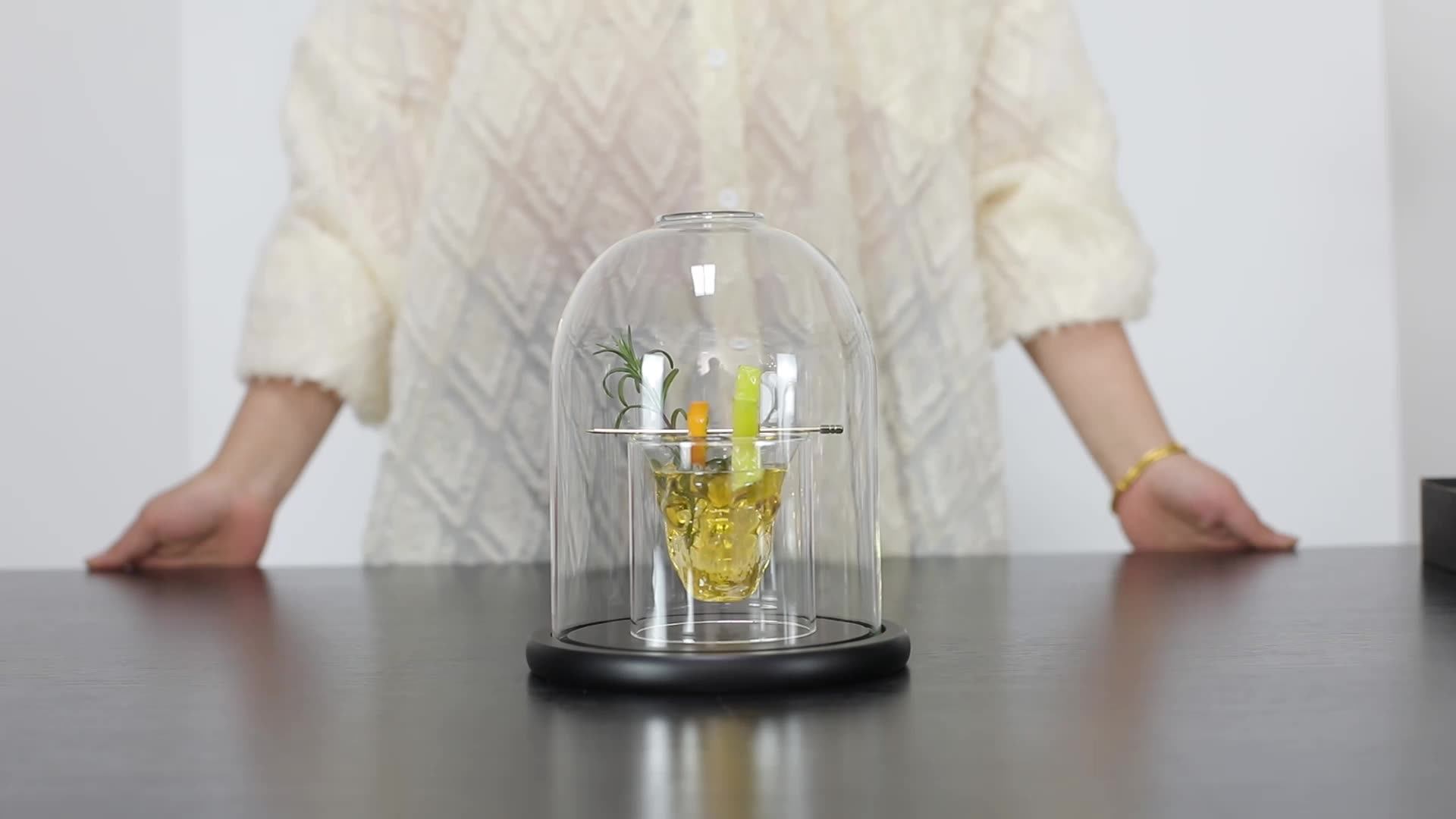 Glass Display Dome Cloche For Smoking Drinks With Wooden Base Smoked ...