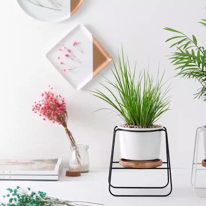 Simple Style Iron Frame Rounded Trapezoid Ceramic Flower Pot With Iron ...