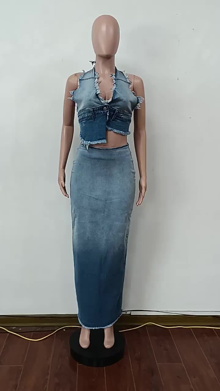 Luxury High Quality Ladies Women Blue Two 2 Piece Denim Jean Vest And ...