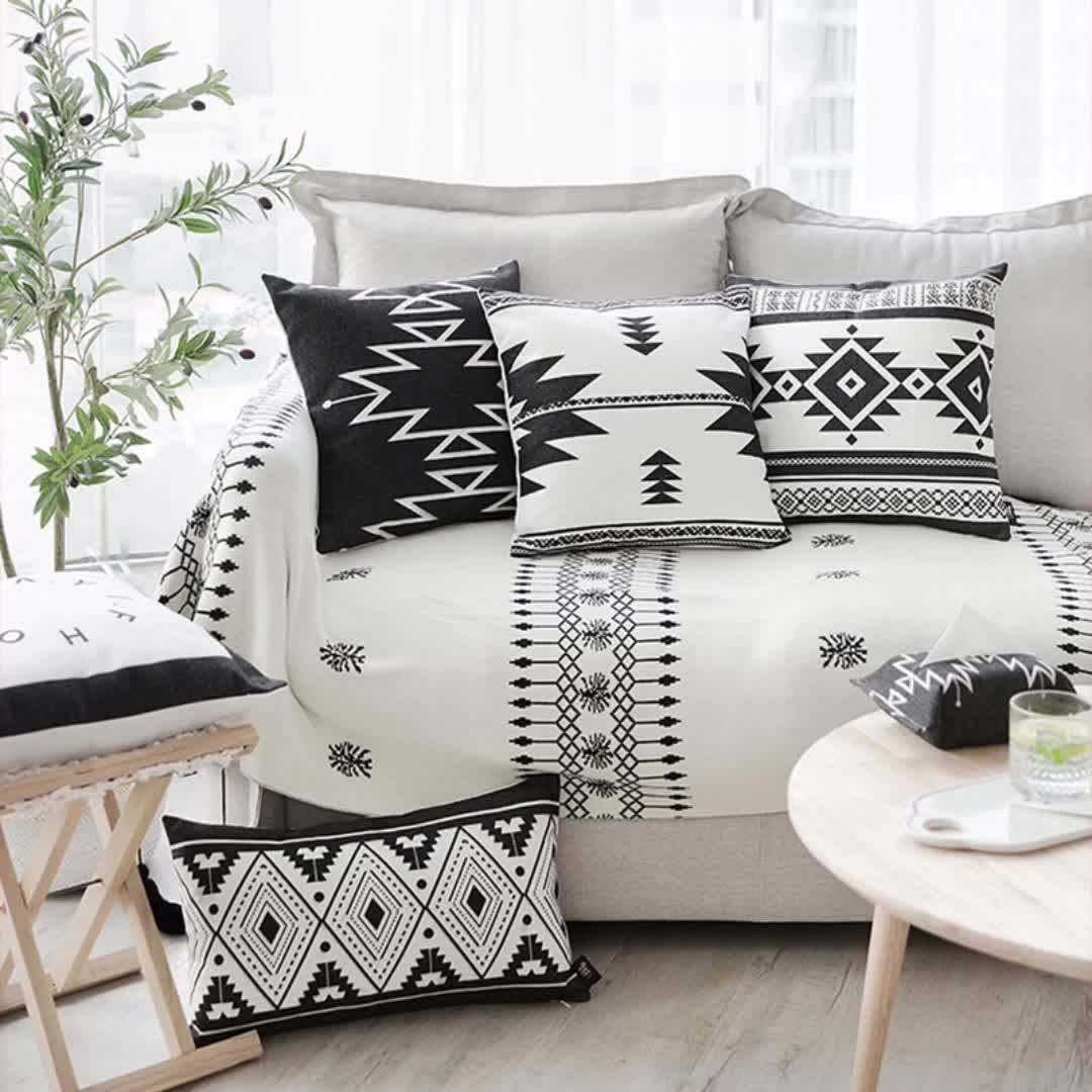 Monad Boho Black And White Set Of 5 Lumbar Printed Patterns Cushion ...