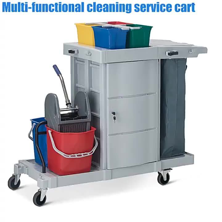 Multifunction Restaurant Hotel Cleaning Trolley Janitor Service Cart With Mop Wringer Bar ...