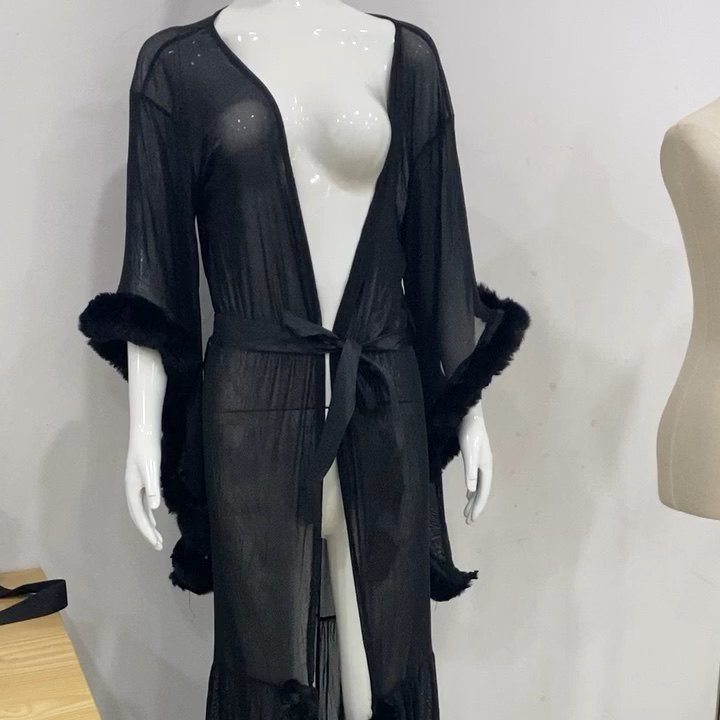High Quality Sexy Night Wear Transparent Rabbit Fur Mesh Robe With ...