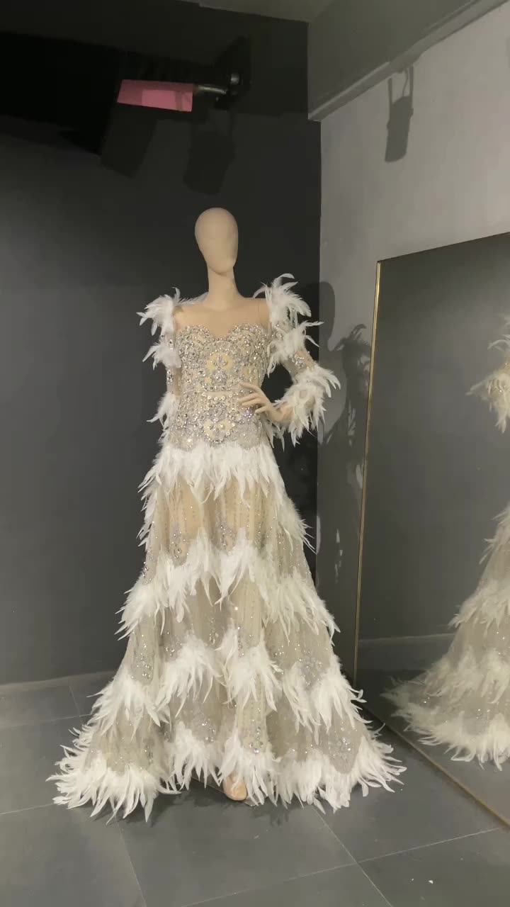 Queens Gown Stage Dress Rhinestone Long Sleeve Costume Dress Ostrich ...