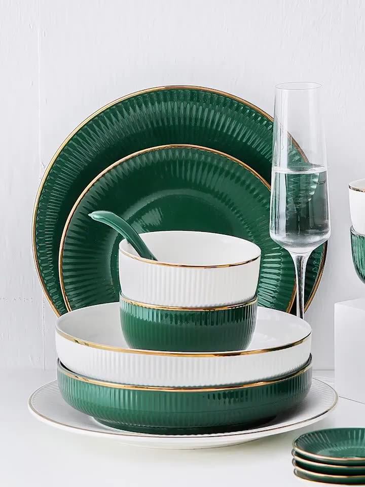 Gold Rim Pink Ceramic Dishes Dinnerware Sets 12pcs Color Glaze Light ...