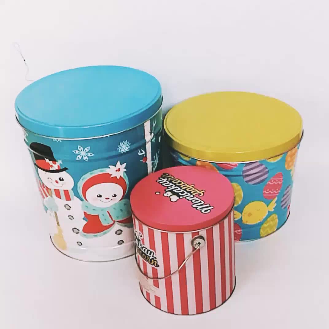 Hot Sale Christmas Painted Empty Metal Round Popcorn Tin Buckets With ...