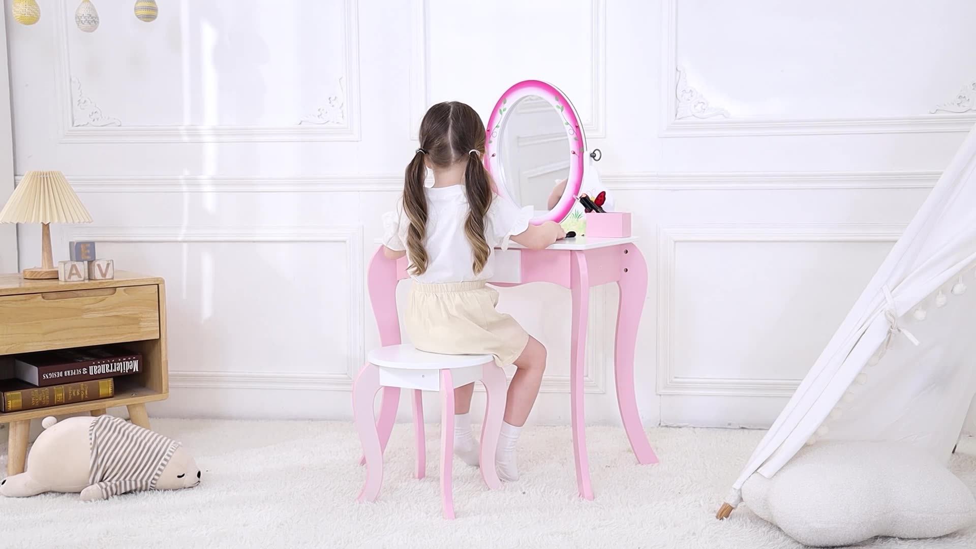 Kids Dressing Table Wooden Vanity Pretend Beauty Make Up Table And ...