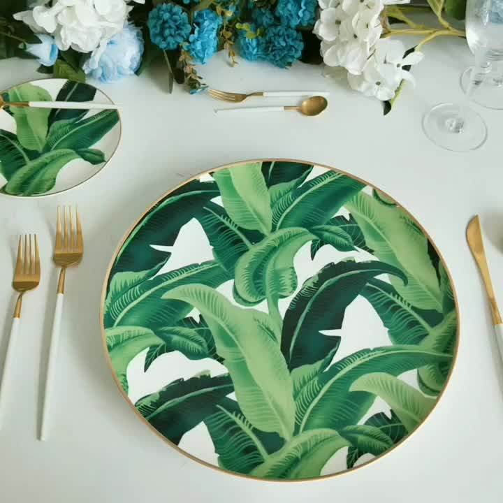 Green Banana Leaf Bone China Tableware Kitchen Ware Gold Rim Tableware ...