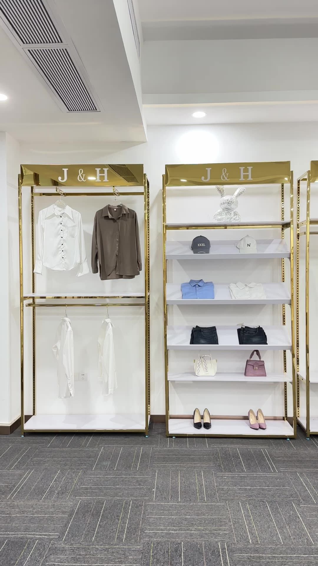 Clothes Shop Customized Logo Garment Rack Stand Shelf Golden Clothing ...