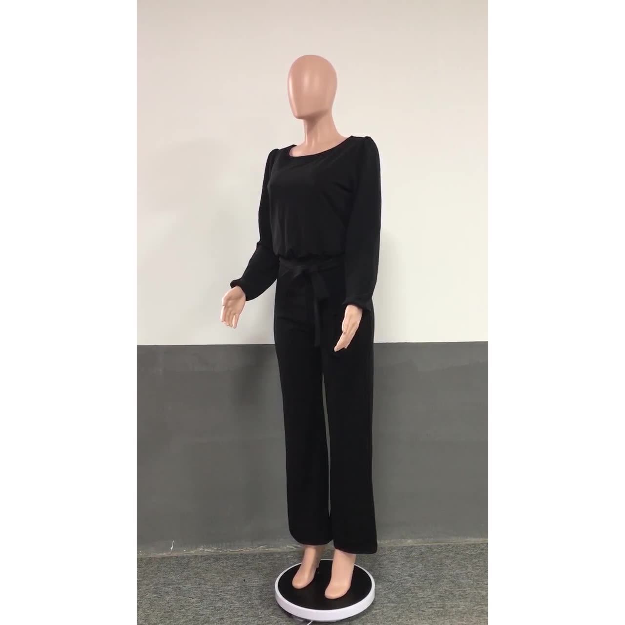 Y034现货一件代发亚马逊速卖通春季新款圆领长袖高腰连体裤配腰带-阿里巴巴