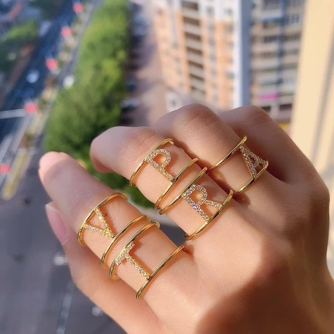 Personalized Letter N Ring 18k Gold Plated Adjustable Cubic Zirconia ...