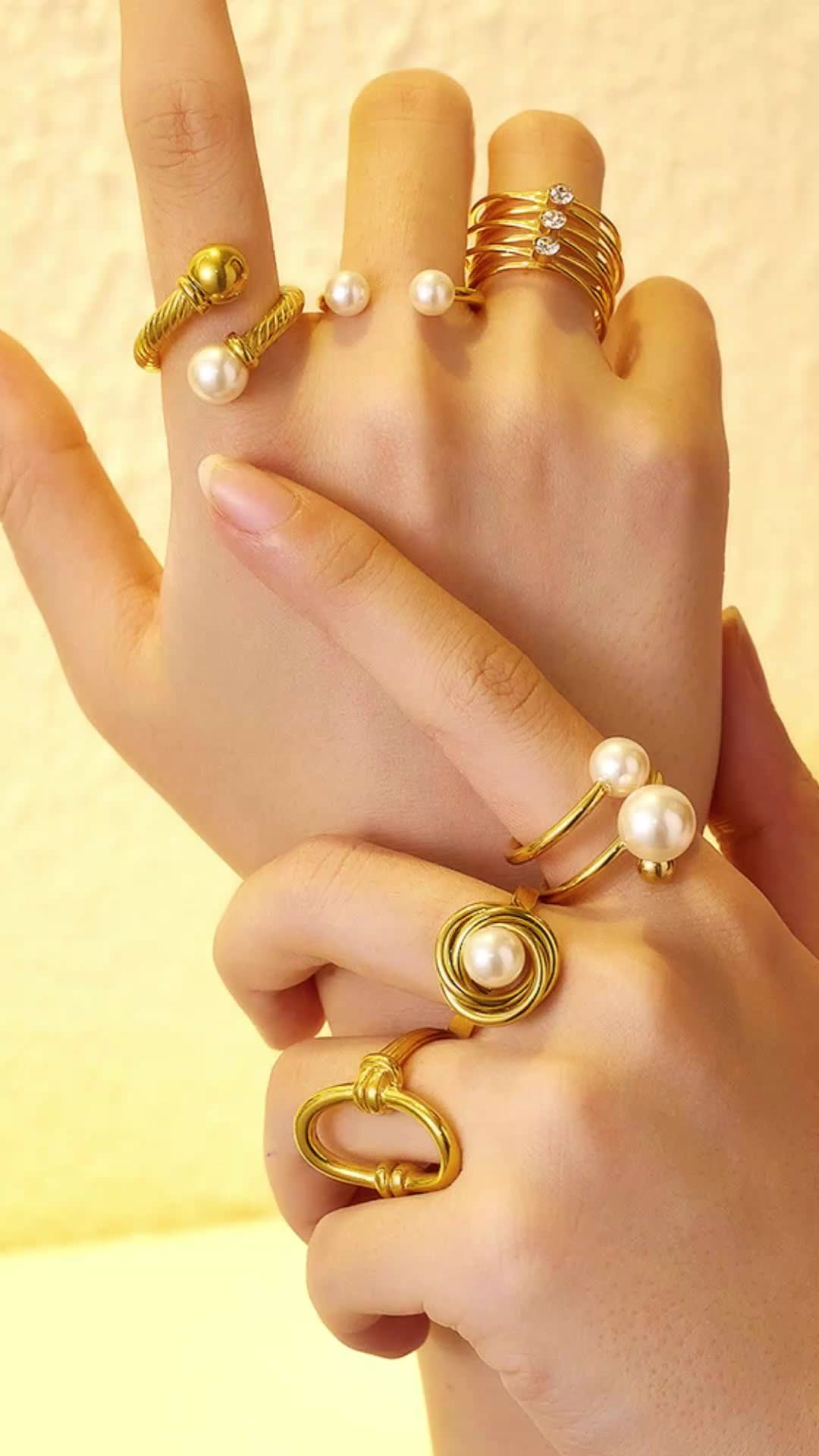 Vintage Minimalist Stainless Steel 18k Gold Pearl Zircon Stacking Open ...