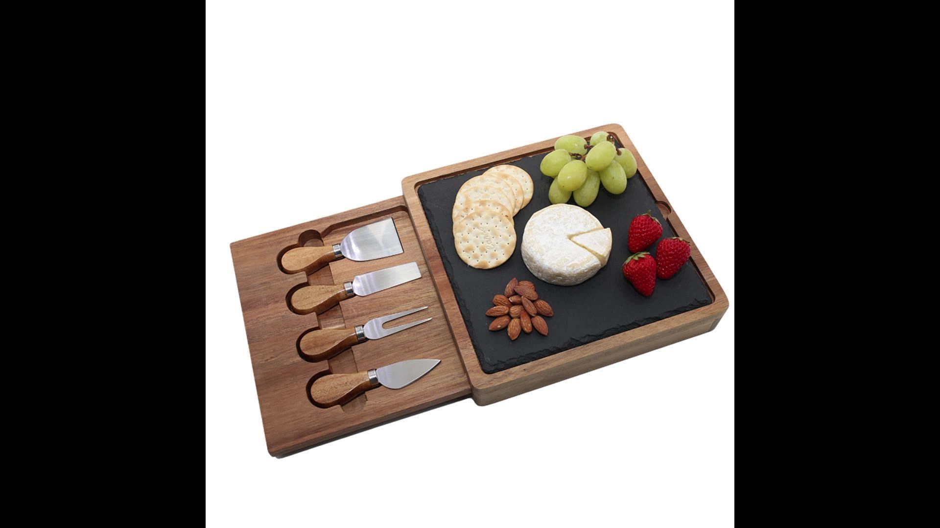 Acacia Wood Cheese Board Set With Black Slate & Cheese Knife For Cheese ...