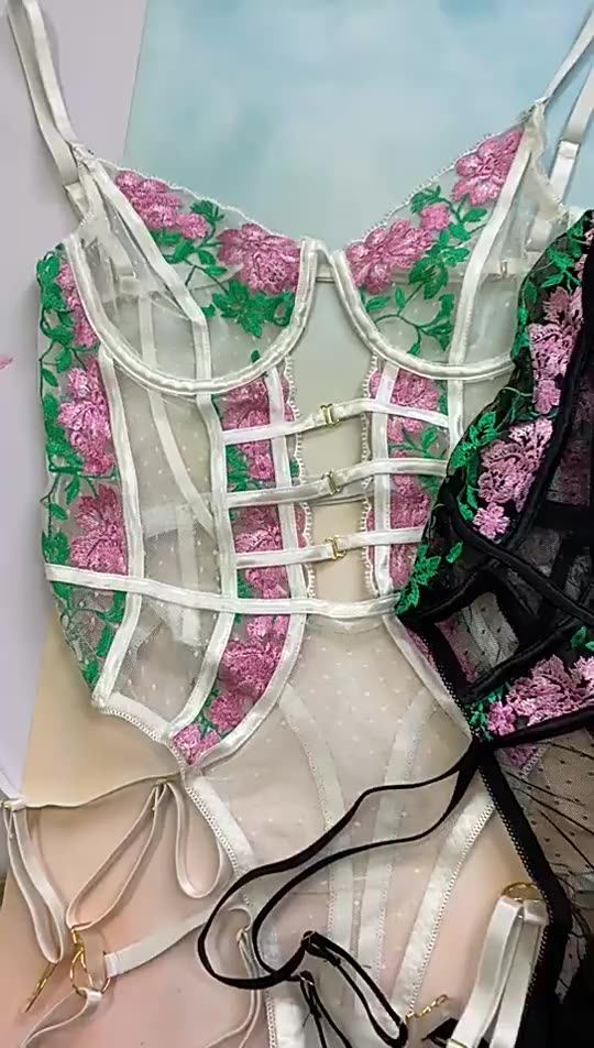 Girls One-piece Embroidery Cute Sling Gathering Body Shaping Bodysuit Transparent Sexy Exotic ...