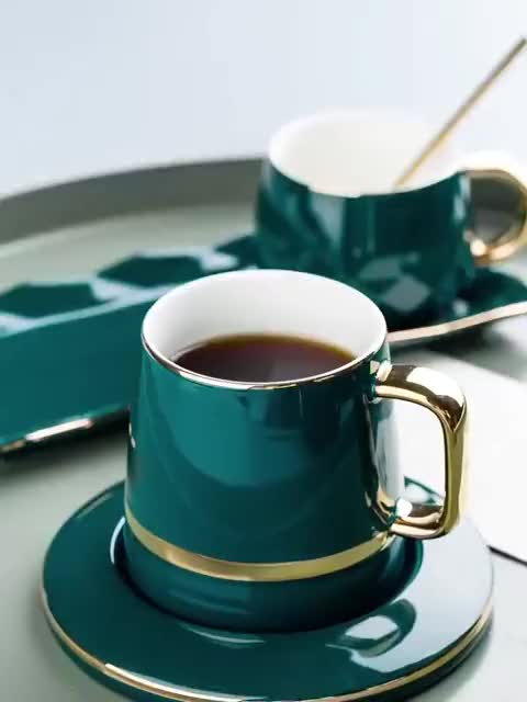 European Style Painted Gold Coffee Cups And Saucers Green High-end Ceramic Cups Afternoon Tea ...