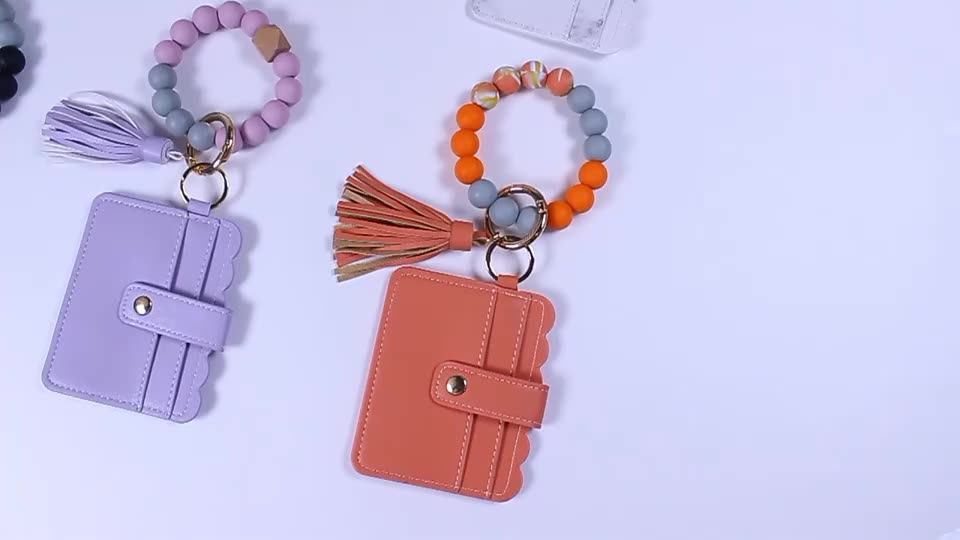 Silicone Bead Bangle Key Ring Card Holder Bracelet 4sets Keychain With ...