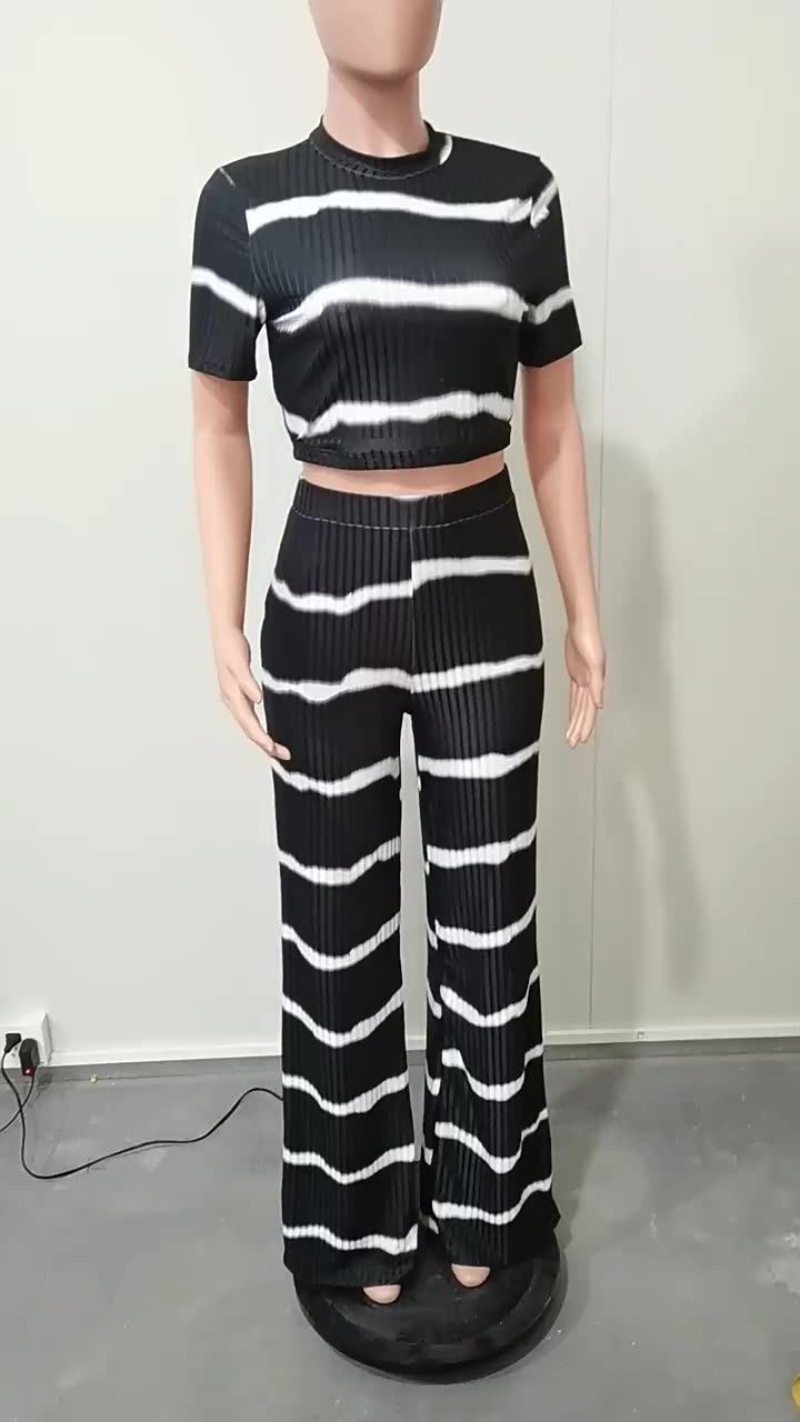 Women 2 Piece Sets Summer 2024 Women S Sets Striped Print Rib Knit Wide ...