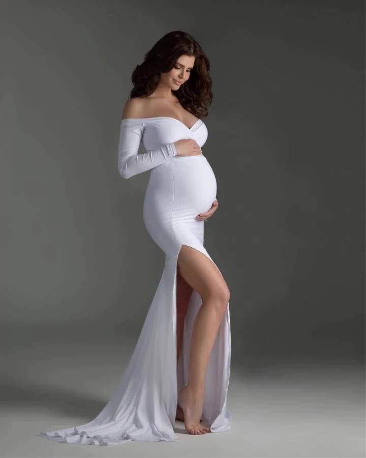 V Neck Split Pregnant Woman Trailing Tail Long Sleeve Maternity Wedding ...