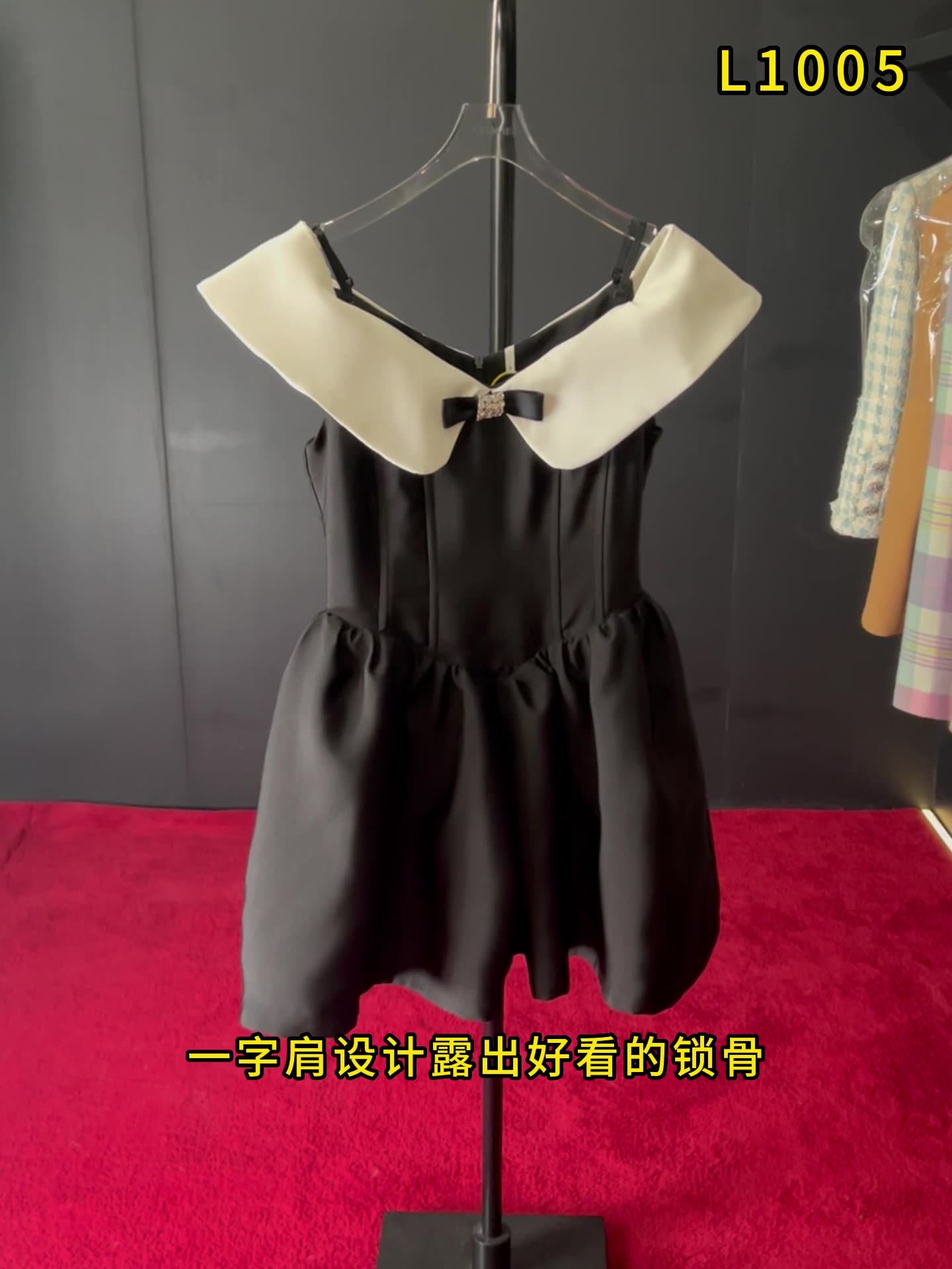 法式一字肩抹胸小黑裙女小众设计感黑色气质仙女蓬蓬连衣裙 L1005-阿里巴巴