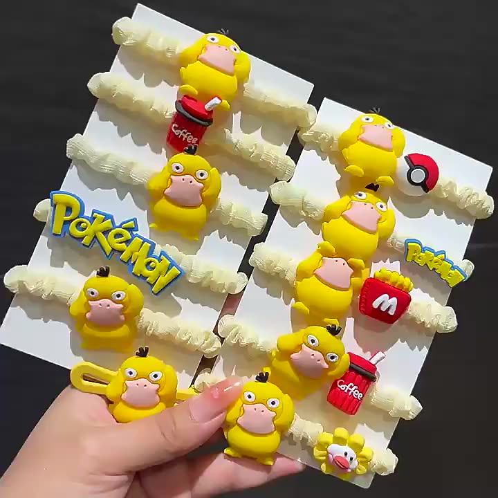 6pcs 2022 Cute Psyduck Pokemon Fold Fabric Cartoon Elastic Hair Ties ...