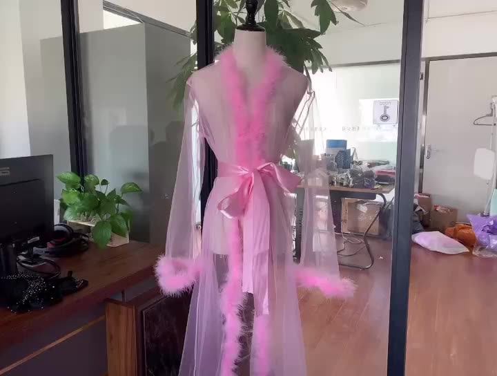 New Arrival Long Hot Women Femme Fur Sheer Robe Mesh Trim Sexy Lingerie ...