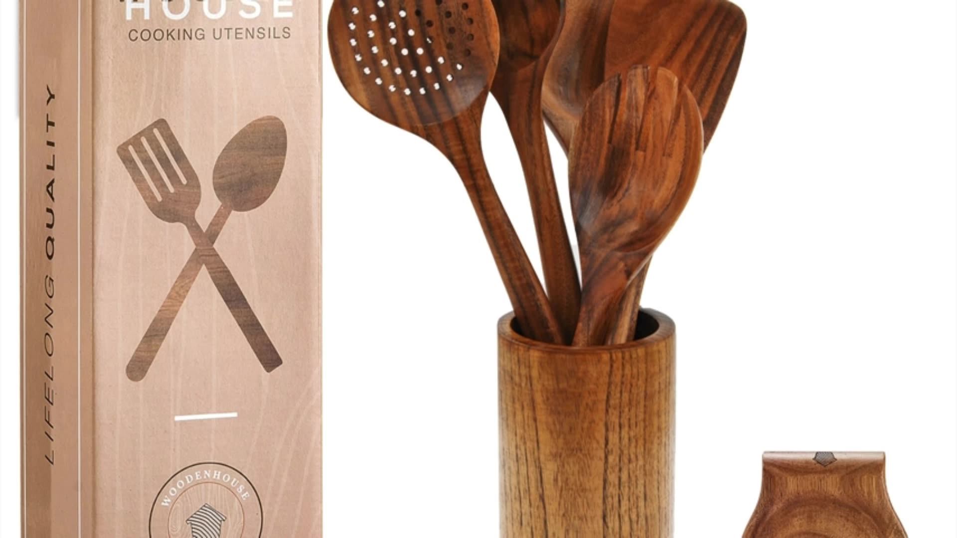 Natural Teak Wooden Spatulas Kitchen Ladles Utensils Acacia Wood Handle ...