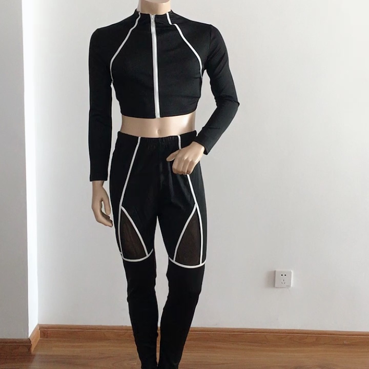 2 Pieces Set Outwear Sweatsuit Mesh Striped Womens Sets Long Sleeve