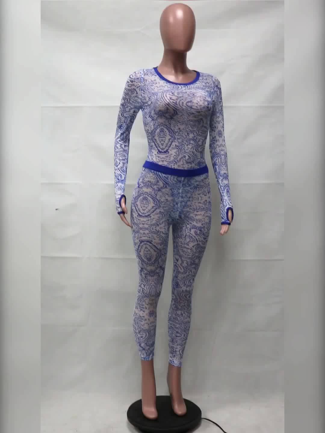 Cheap Sexy Printed Long Sleeve Transparent Mesh Bodysuit Women 2 Piece ...