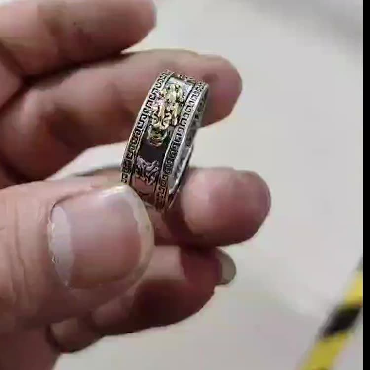 Pixiu Mantra Protection Wealth Ring Adjustable Retro Thai Silver Golden ...