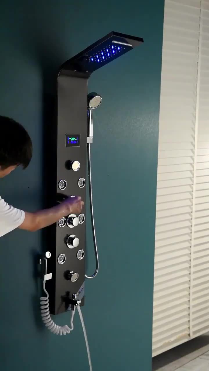 Led Light Shower Faucet Waterfall Rain Black Shower Panel In Wall ...