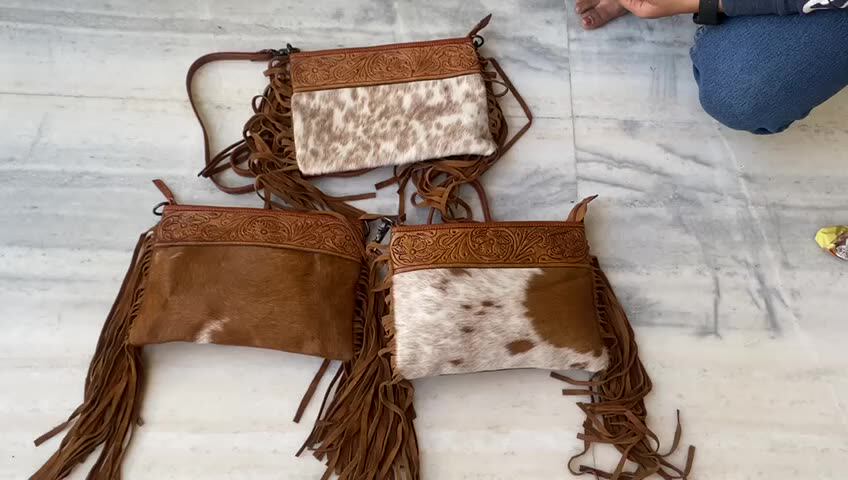 Fashion Hand Tooled Hair On Hide Fur Leather Fringe Handbag Stylish ...