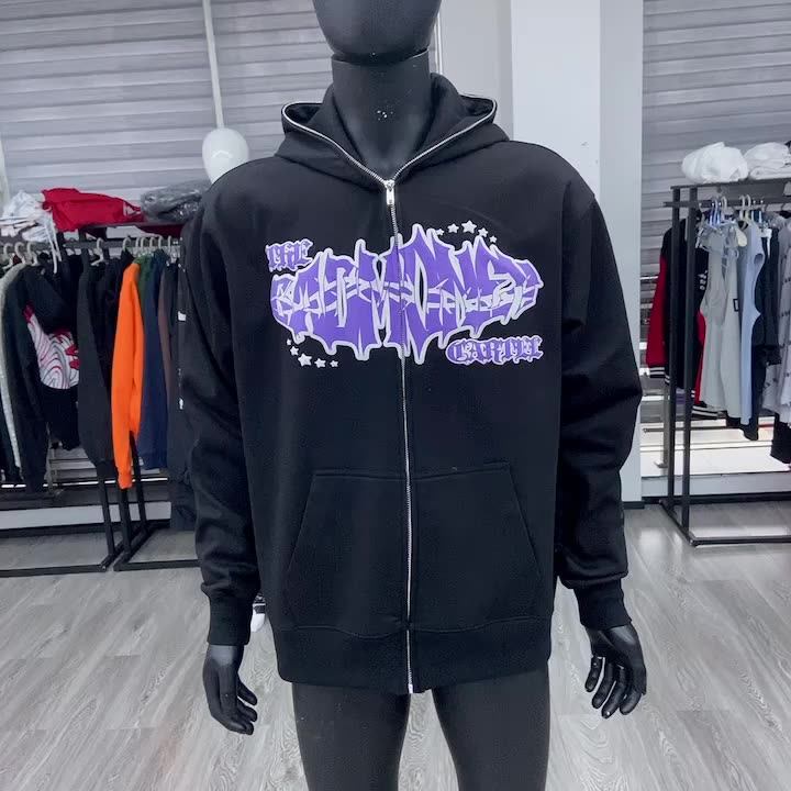 Custom 3d Puff Printing Cotton Hoodie Zipper Heavyweight Fleece Full ...