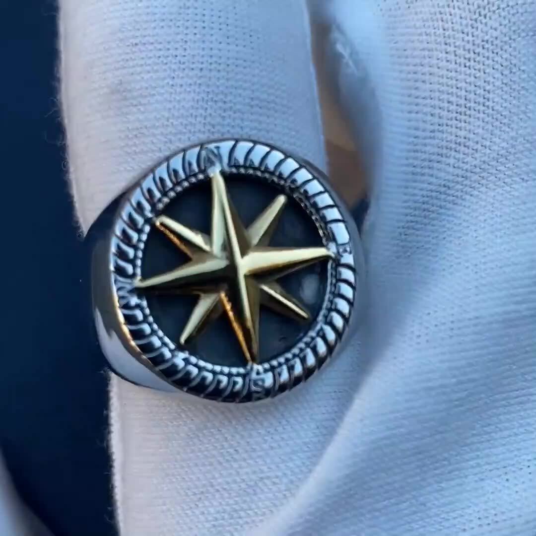 Mecylife 18k Gold Compass Signet Ring Men Stainless Steel Mens Ring North Star Rings For Men ...