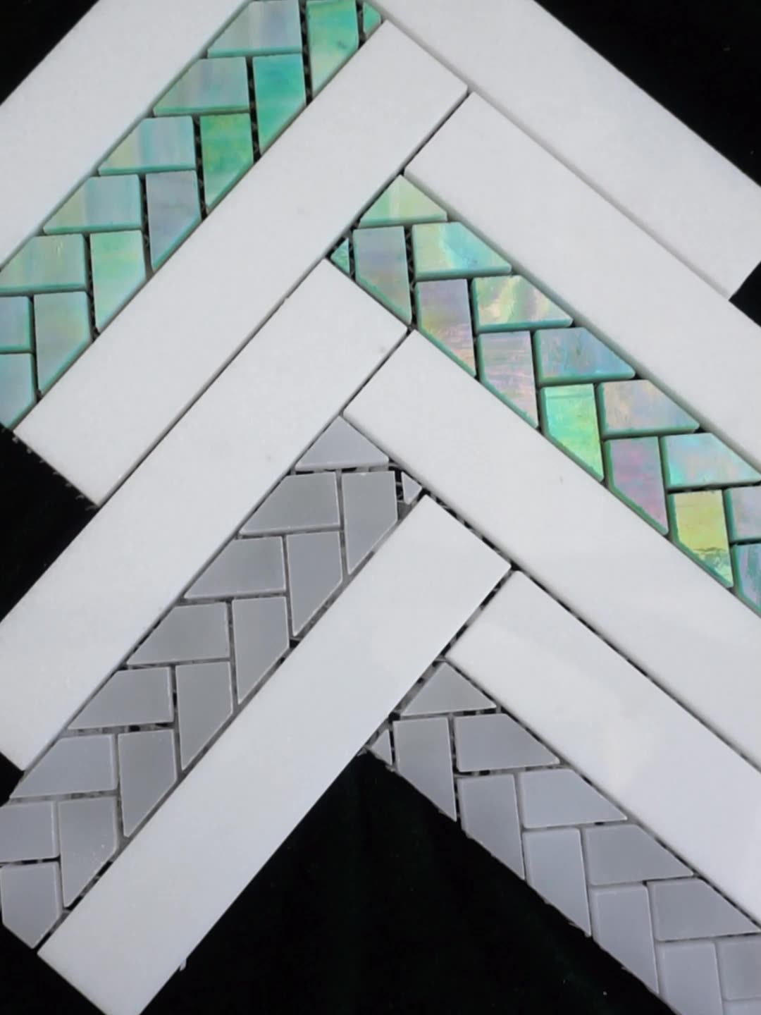 Customized Herringbone White And Grey Marble Mosaic Tiles Natural Stone ...