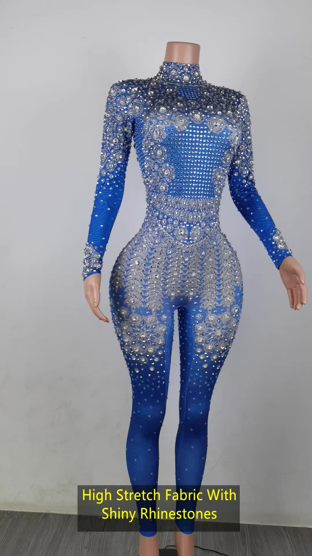 Luxury Blue Rhinestone Crystal Spandex Bodysuit Plus Size Romper Stage ...