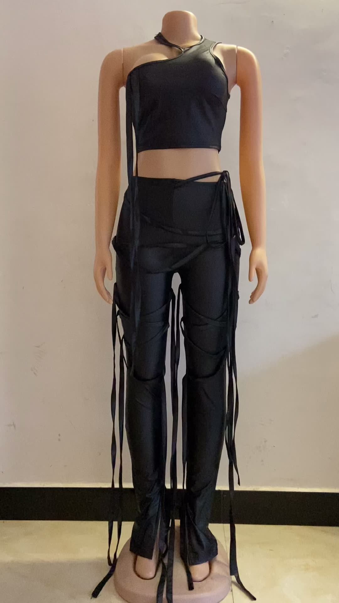 Wholesale 2021 New Spring Ladies Leather Two Piece Crop Top Long Pants ...