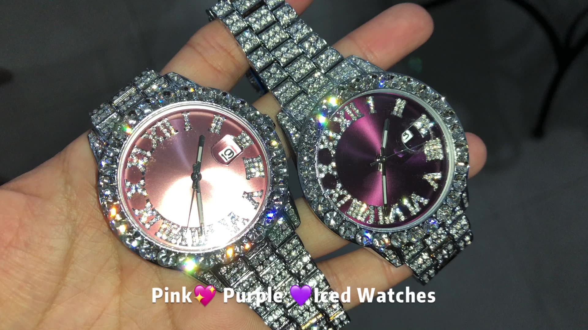 2021 Iced Out Baby Pink Women Watches Bling Watch With Purple Dial ...