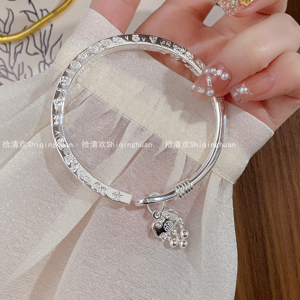 吉言纯银手镯女足银9999宫铃平安福长命锁银镯子新中式古风送女友-Taobao Vietnam