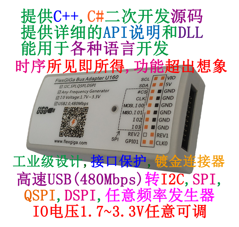 高速USB转 I2C IIC SPI QSPI DSPI 任意频率发生器 flash烧写读写