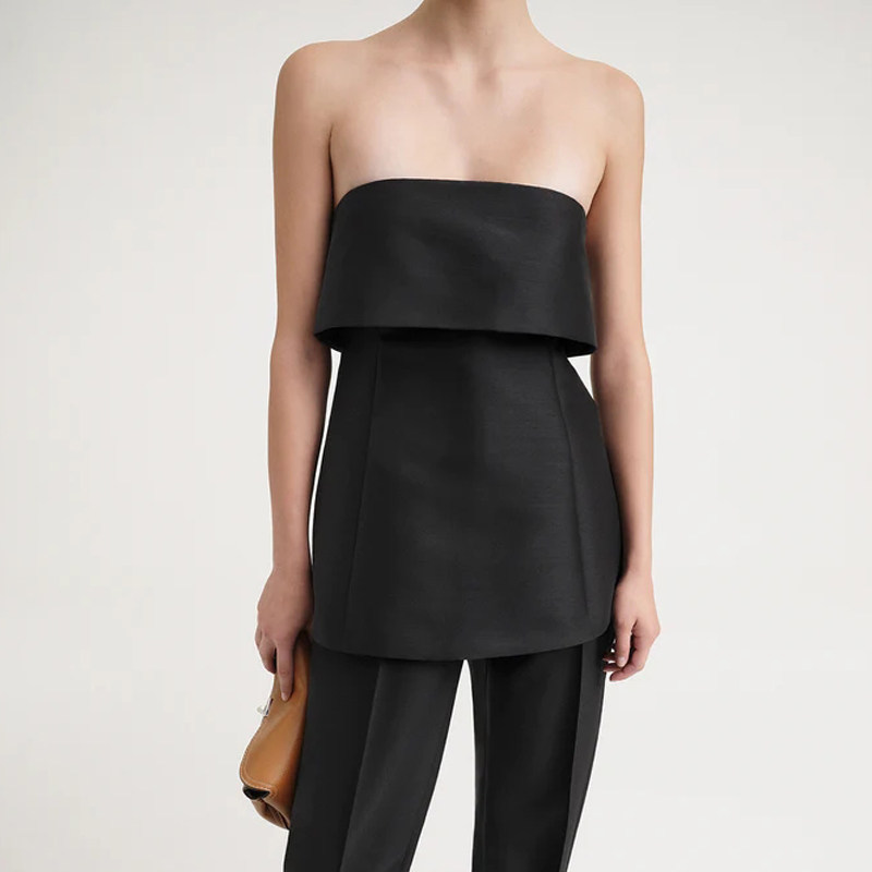 QINGNING 瑞典小眾TOTE氣質優雅顯瘦露肩翻折一字領抹胸上衣吊帶